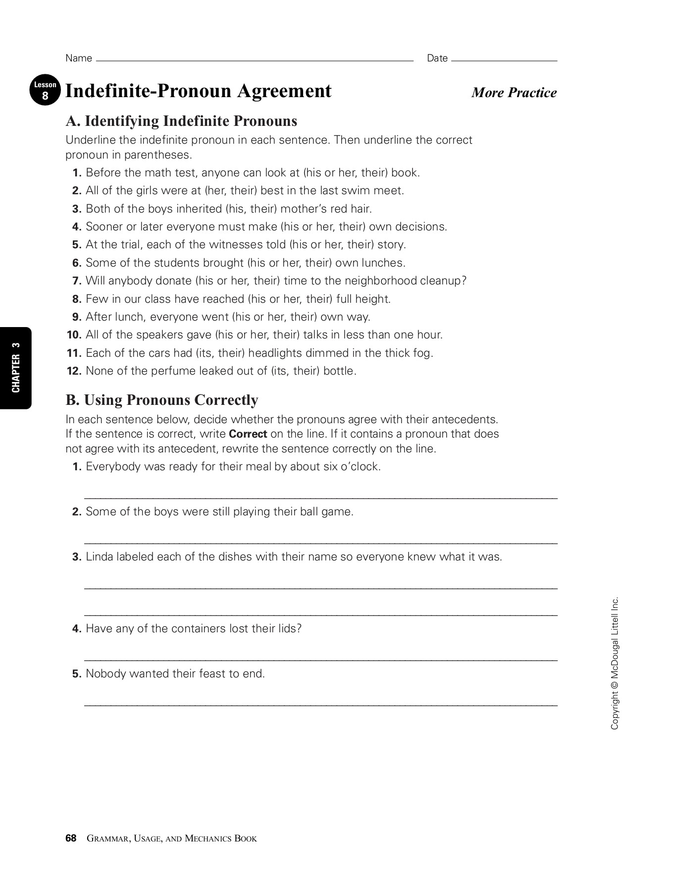 Indefinite Pronoun Agreement Worksheet