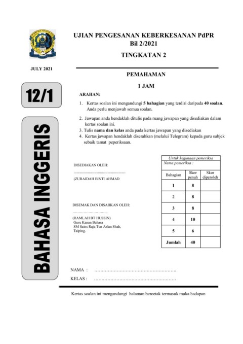 Contoh Kertas Soalan Peperiksaan Bahasa Inggeris Tingkatan 2 2022