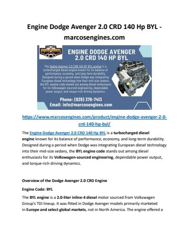Engine Dodge Avenger 2.0 CRD 140 Hp BYL - marcosengines.com