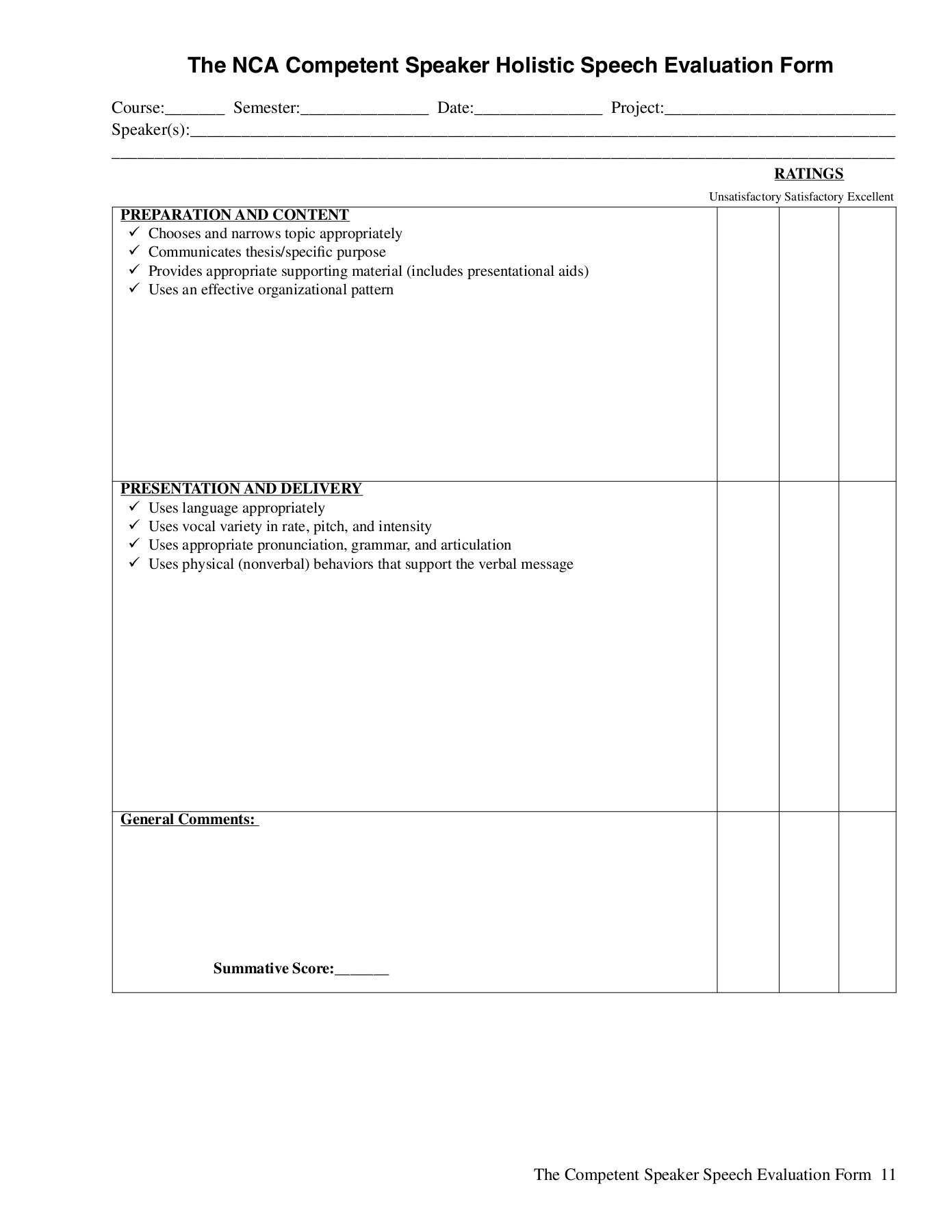 Speaker Evaluation Form Template Speech Evaluation Form Spring 2016