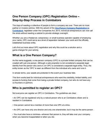 One Person Company (OPC) Registration Online – Step-by-Step Process in Coimbatore