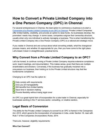 How to Convert a Private Limited Company into a One Person Company (OPC) in Chennai - sasikala ...