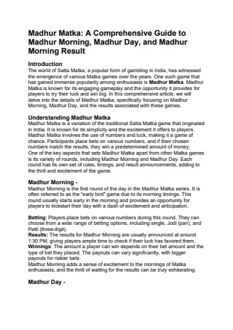 Madhur Matka: A Comprehensive Guide to Madhur Morning, Madhur Day, and ...