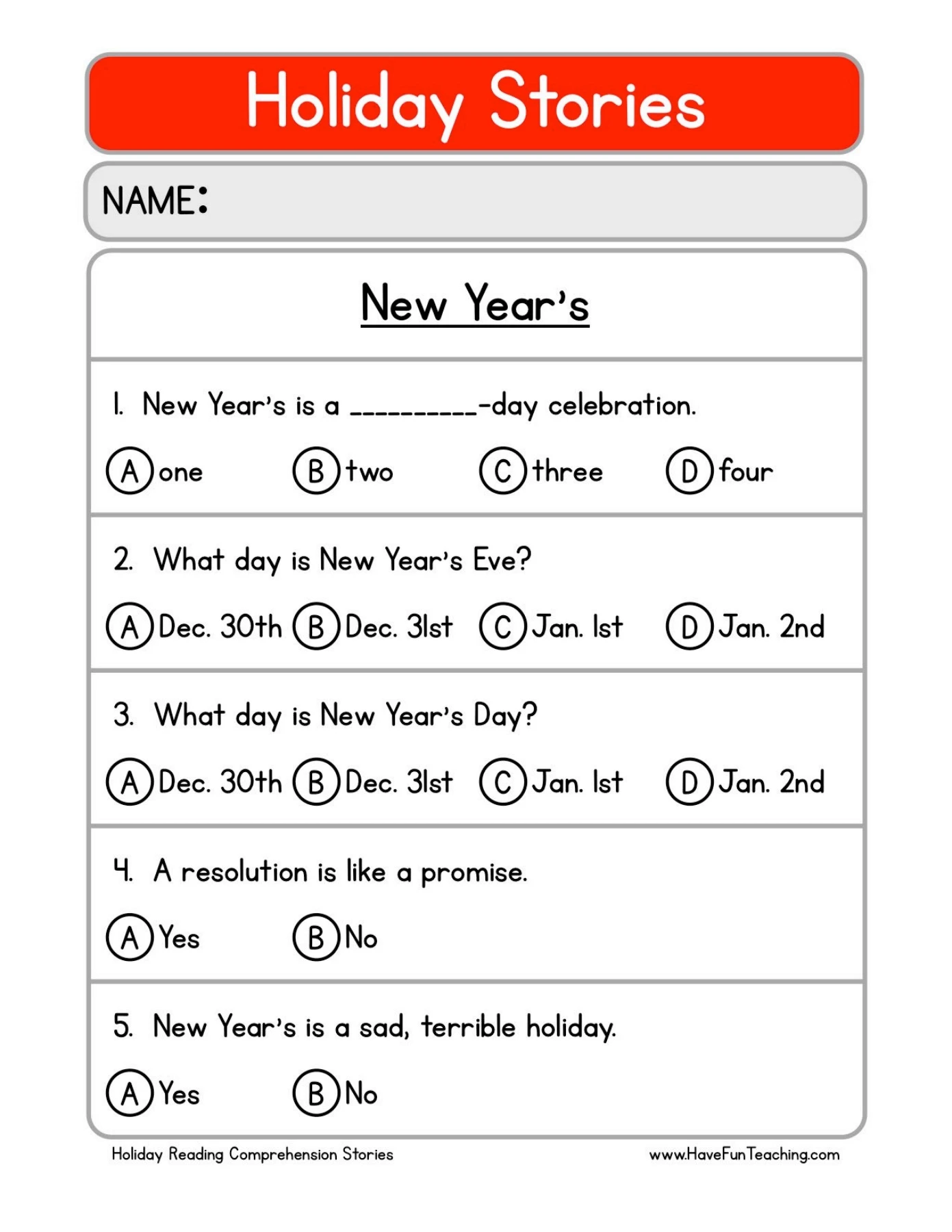 Holiday Reading Comprehension Worksheets Reading Comprehension