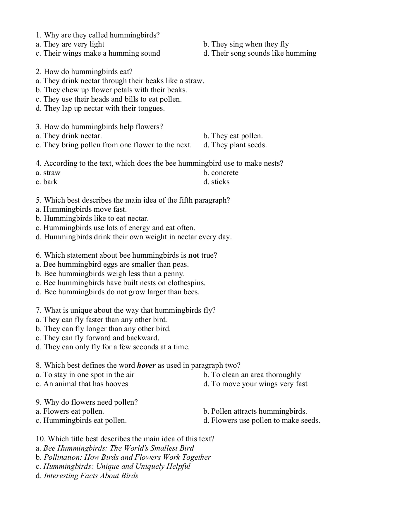 Hummingbird Nonfiction Reading Comprehension