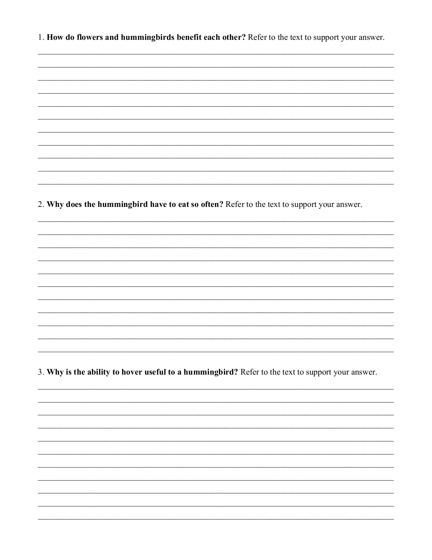 Hummingbird Nonfiction Reading Comprehension