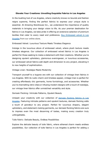 Elevate Your Creations: Unveiling Exquisite Fabrics in Los Angeles