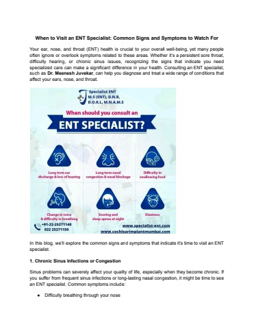 When to Visit an ENT Specialist: Common Signs and Symptoms to Watch For