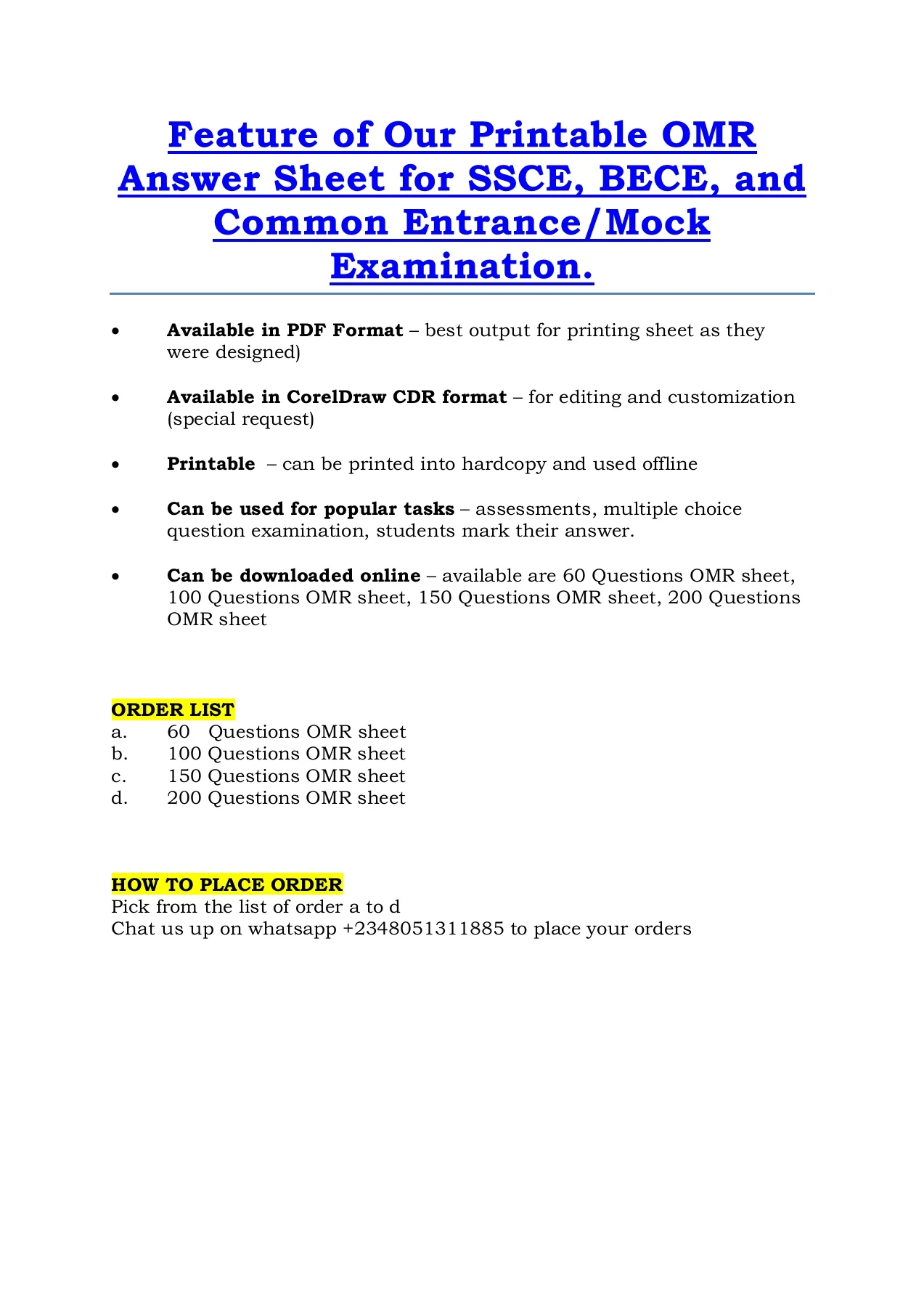 Printable OMR Answer Sheet for WAEC NECO BECE Common Entrance Examination