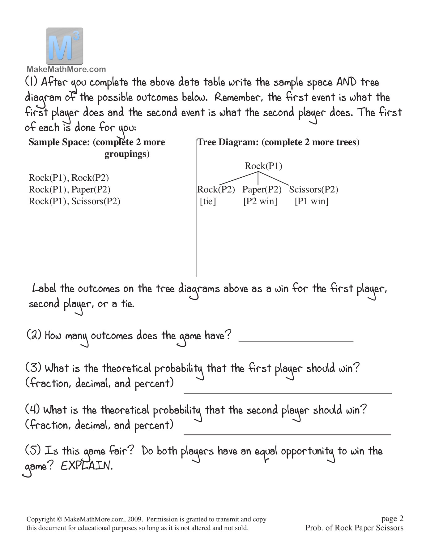 Rock Paper Scissors Probability Worksheet Probability Possible Linin