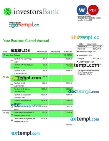 Investors Bank business checking account statement Word and PDF template