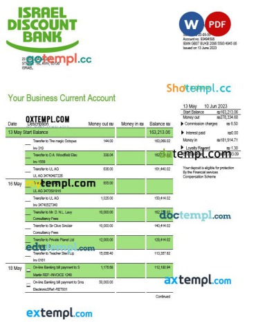 Israel Discount Bank firm statement Word and PDF template