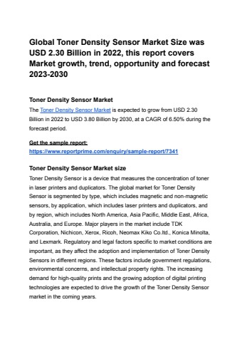 Global Toner Density Sensor Market Size was USD 2.30 Billion in 2022 ...