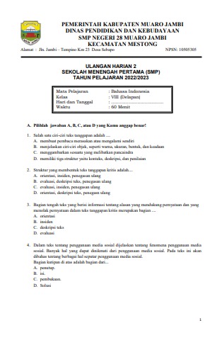 SOAL UH 2 KELAS 8 SENIN 10 APRIL 2023 - yayukpurwantismp28muarojambi Flip PDF | AnyFlip